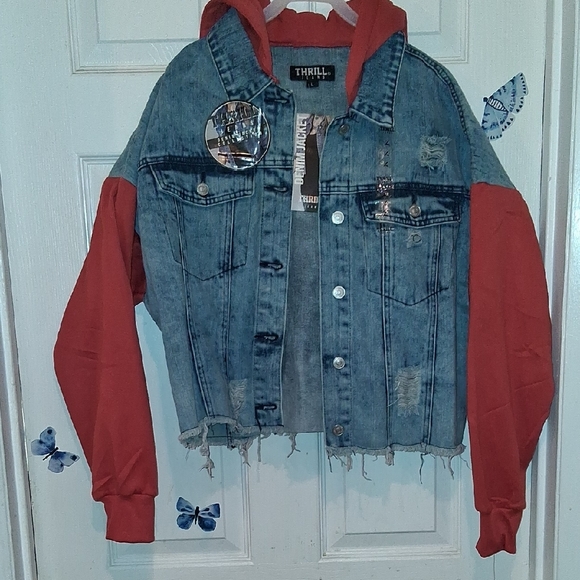Thrill | Jackets & Coats | Thrill Blue Denim Jacket With Red Accents ...